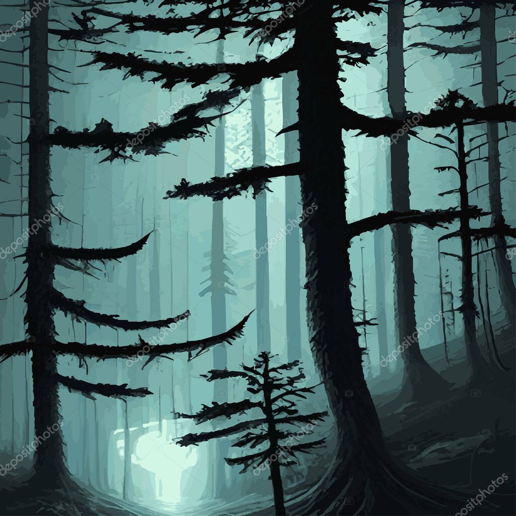 bosque misterioso. Fondo paisaje en la noche crepúsculo niebla bosque ...