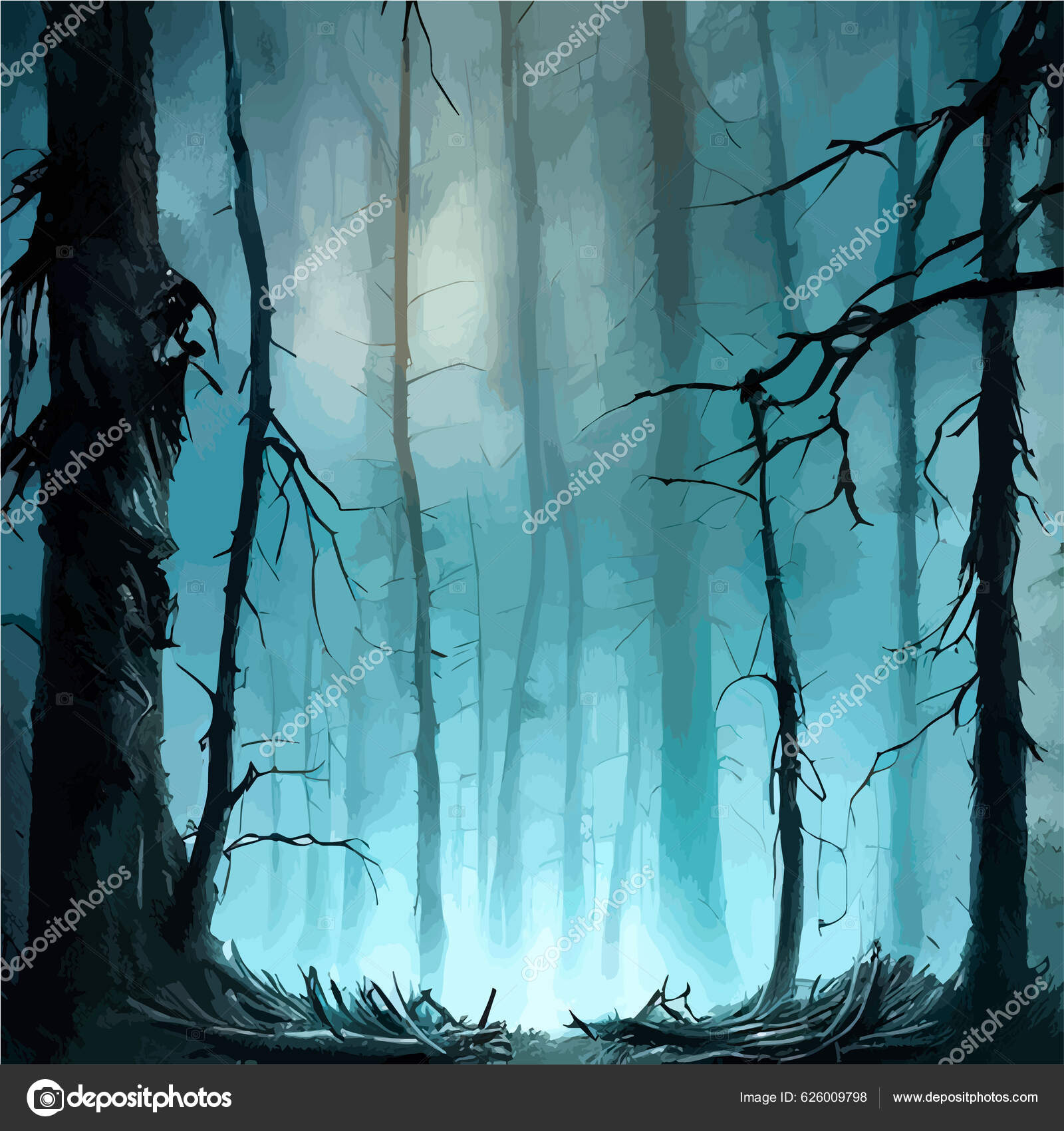 Vector Cryptic Illustration House Forests Blue Fog Landscape Spooky ...