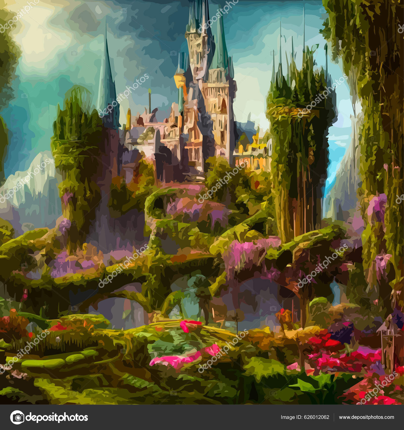 Fantasy Castle Enchanted Garden Fairy Tale Landscape Magnificent Scenery Original Stock Vector ...