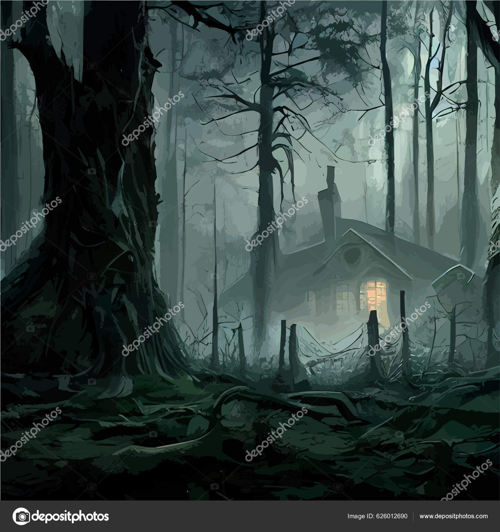 Vector Cryptic Illustration House Forests Blue Fog Landscape Spooky ...