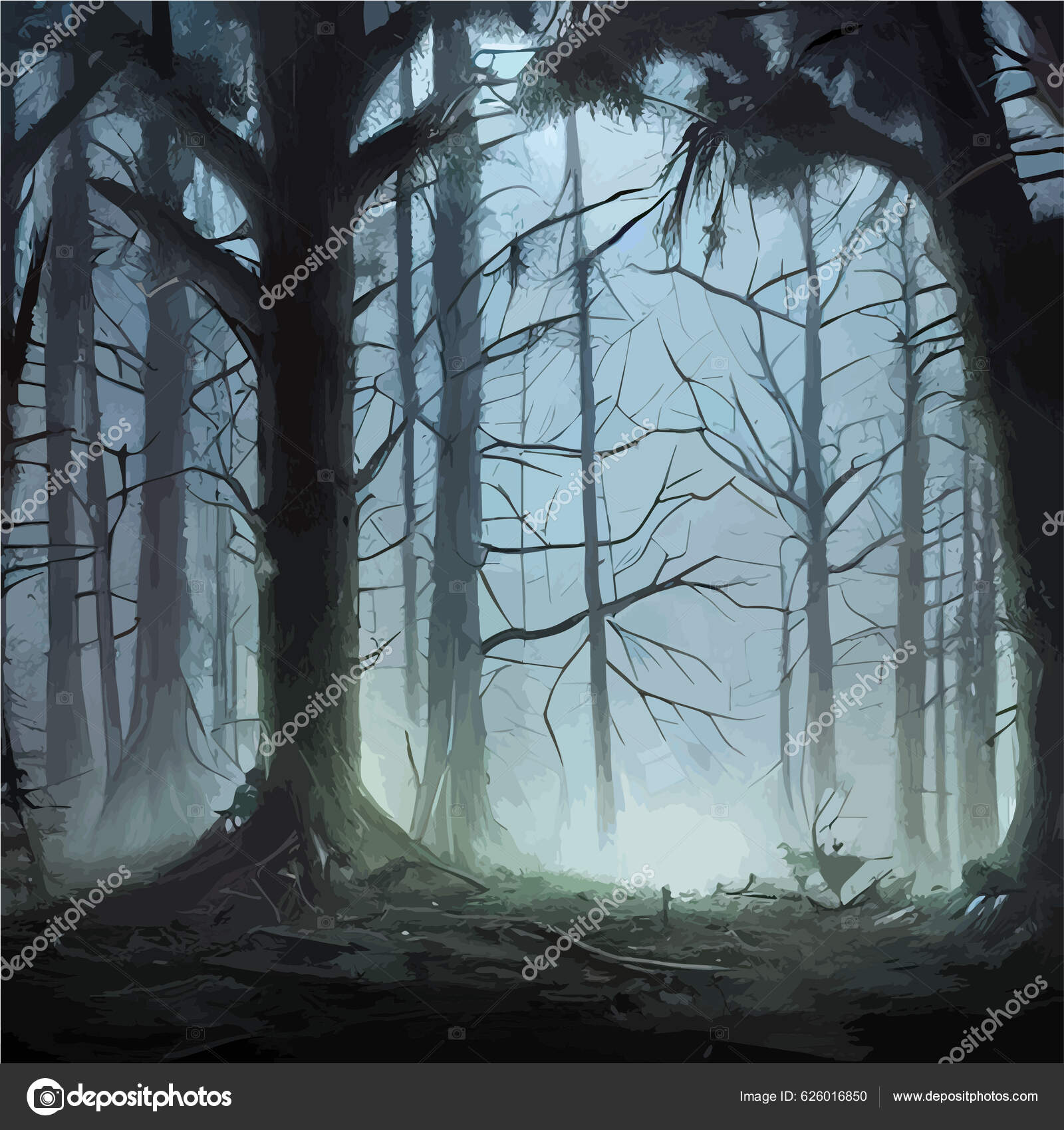 Vector Cryptic Illustration House Forests Blue Fog Landscape Spooky ...