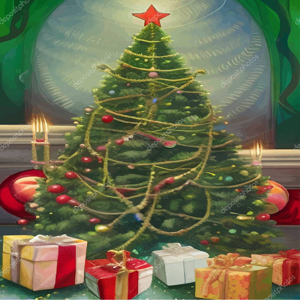 Árbol de navidad festivo ilustración vector plano. Decoración ...
