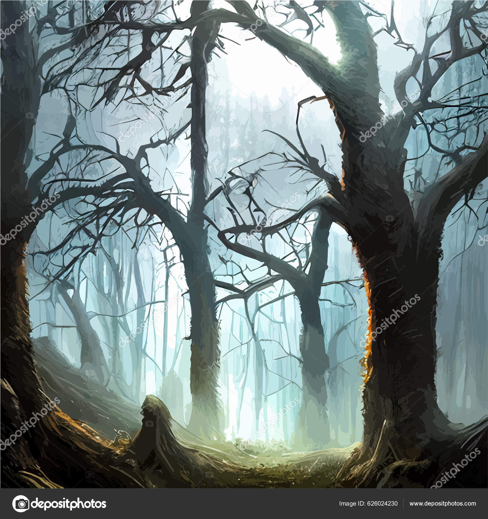 Vector Cryptic Illustration House Forests Blue Fog Landscape Spooky ...