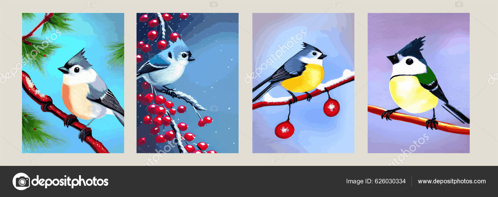 Vector Realistic Detailed Illustration Set Finches Branches Winter ...