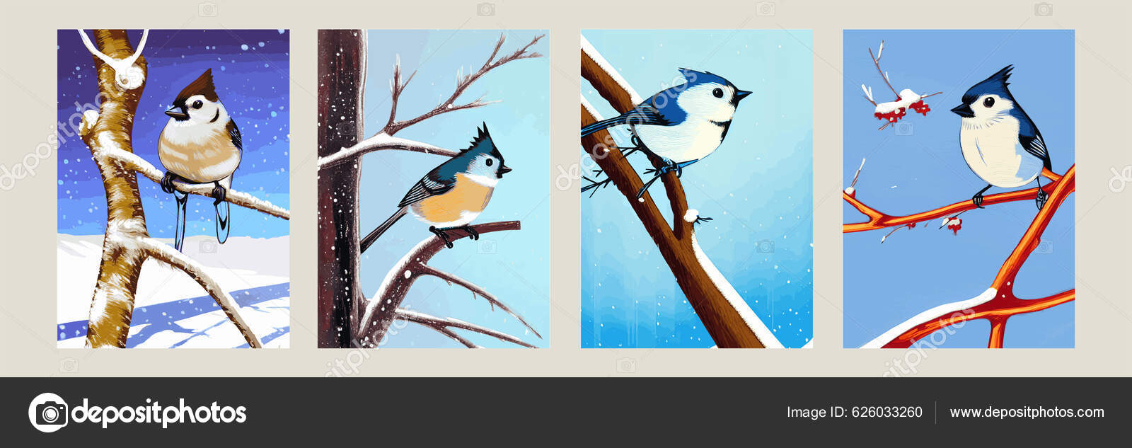 Vector Realistic Detailed Illustration Set Finches Branches Winter ...
