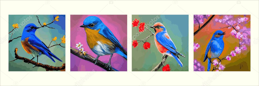 fijar carteles cuadrados. Vintage pájaro se sienta rama floreciente ...