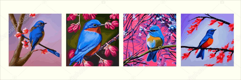 fijar carteles cuadrados. Vintage pájaro se sienta rama floreciente ...