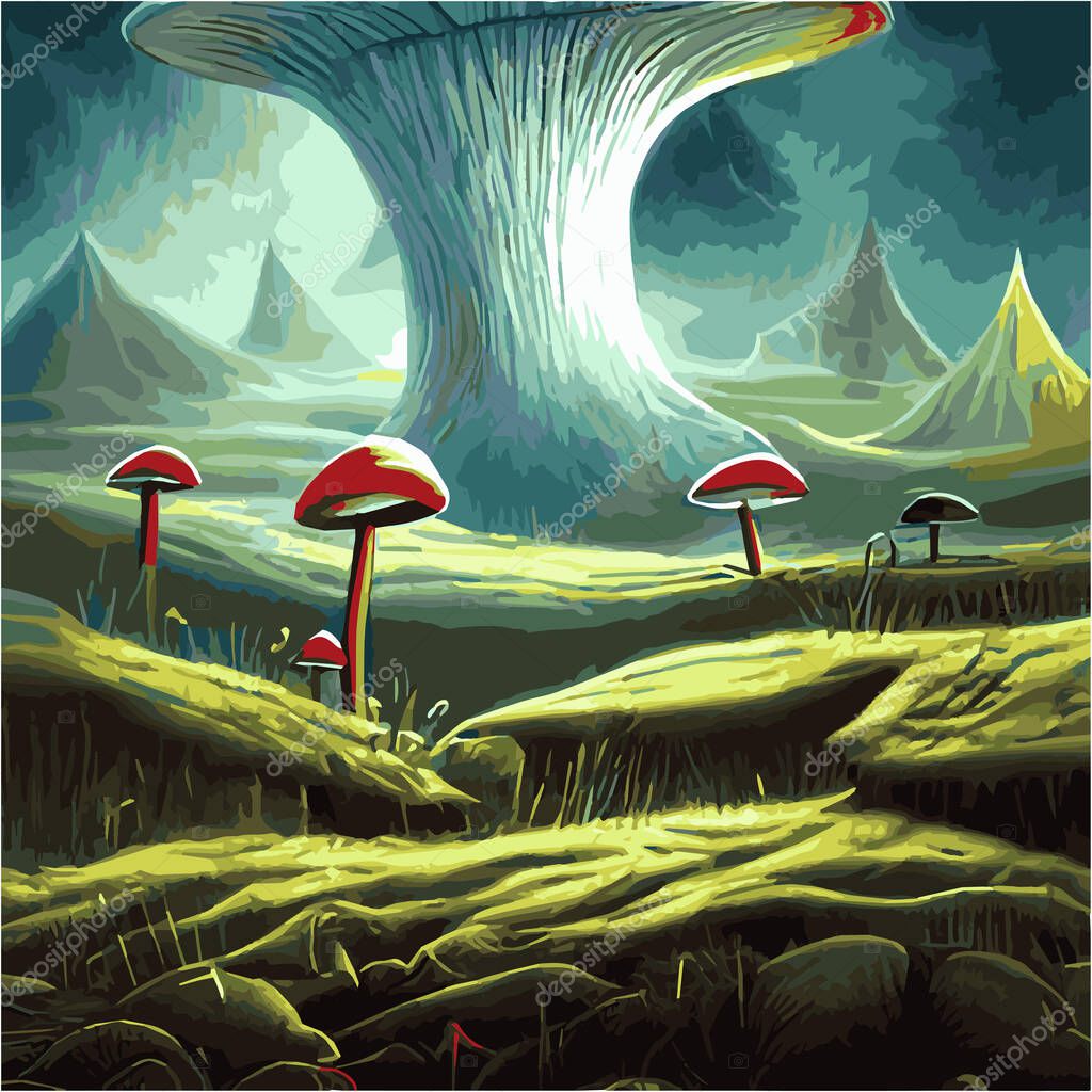 Ilustración Surrealista Del Vector Del Paisaje Del Remo Bosque