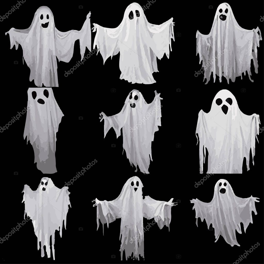 Conjunto de fantasmas espeluznantes, espíritus, aterradores personajes ...