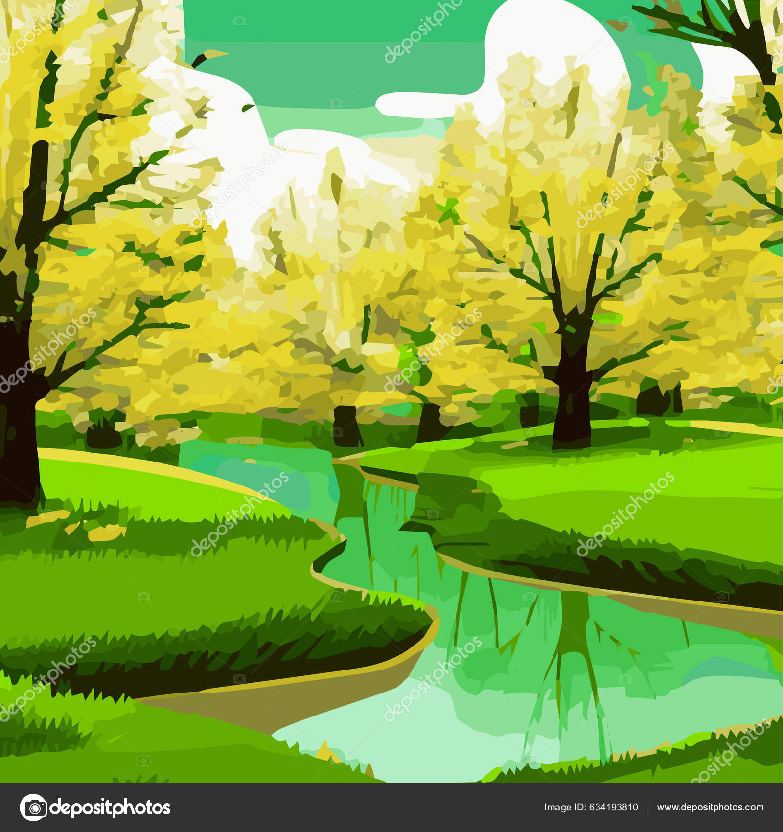 Spring Landscape Forests River Mountain Sun Blue Sky Clouds Rural Stock ...