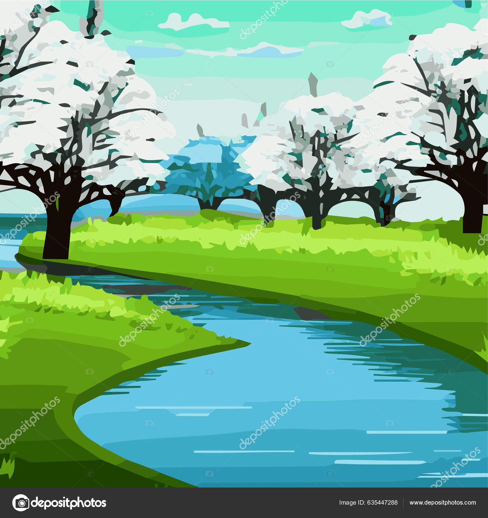 Spring Landscape Forests River Mountain Sun Blue Sky Clouds Rural Stock ...