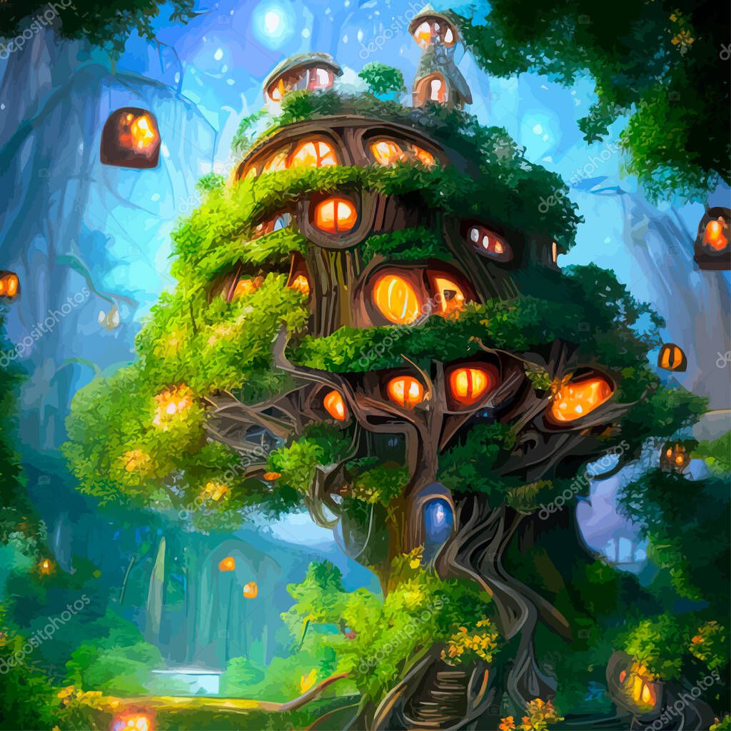 Casa de cuento de hadas en un árbol con un techo entrelazado ...