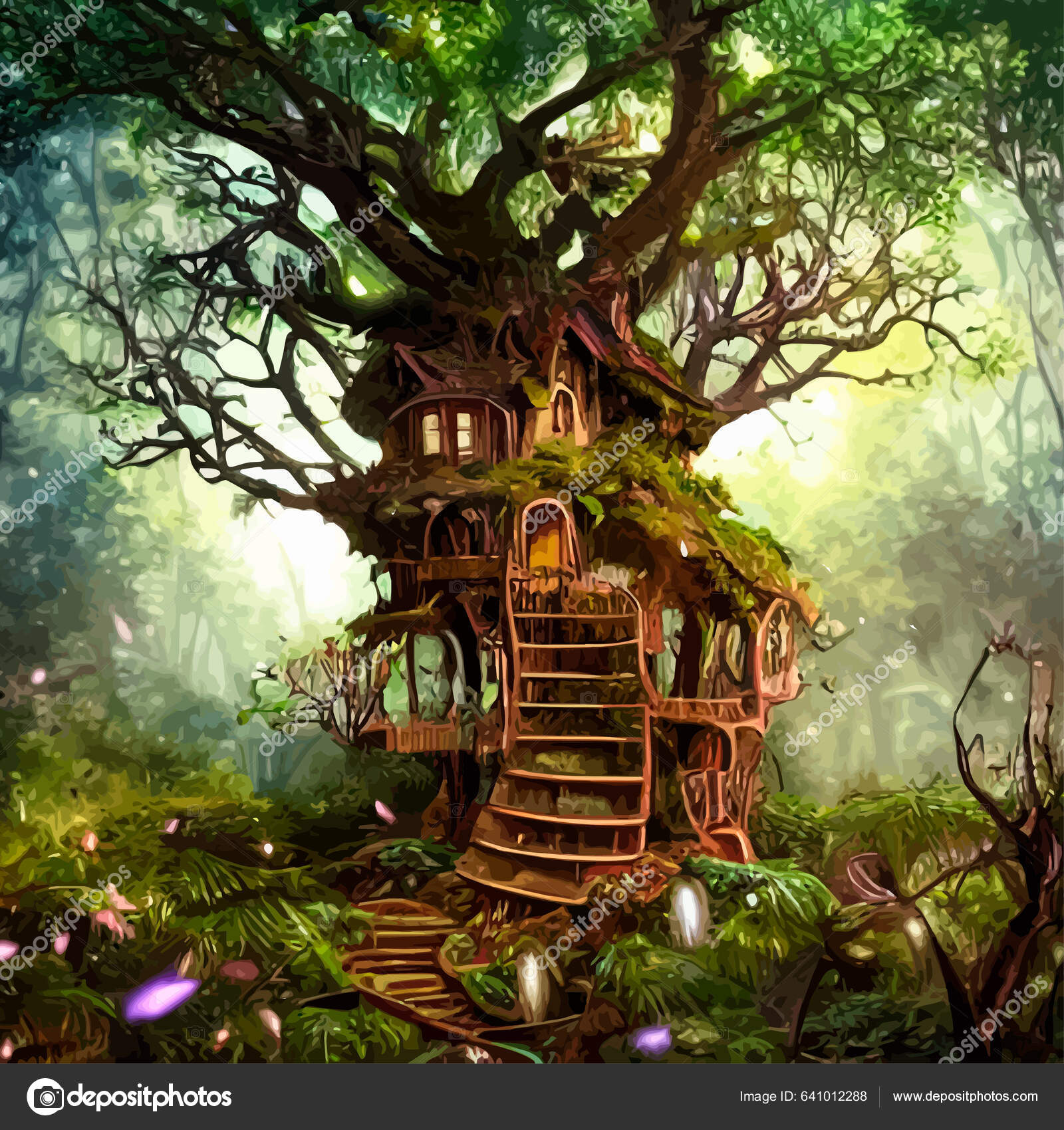 Fairy Tale House Tree Roof Intertwined Square Flat Cartoon Illustration ...