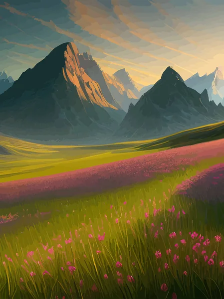 Spring Landscape Trees Mountains Fields Leaves Vector Illustration Flat ...