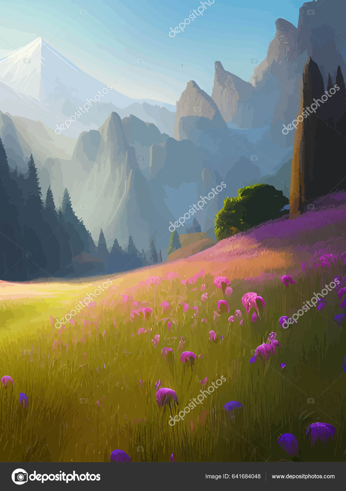 Spring Landscape Trees Mountains Fields Leaves Vector Illustration Flat ...