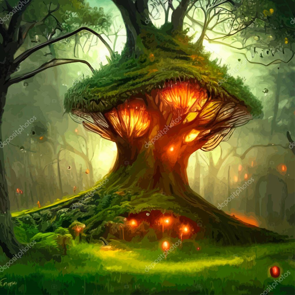 Casa de cuento de hadas en un árbol con un techo entrelazado ...