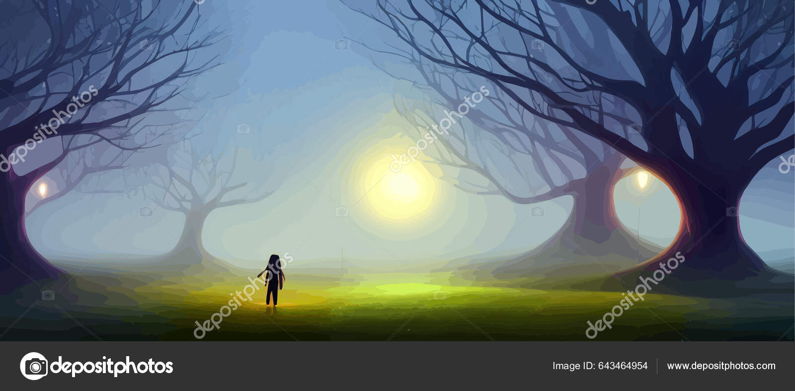 Fantasy Forest Path Fog Dry Trees Branches Vector Illustration Banner ...