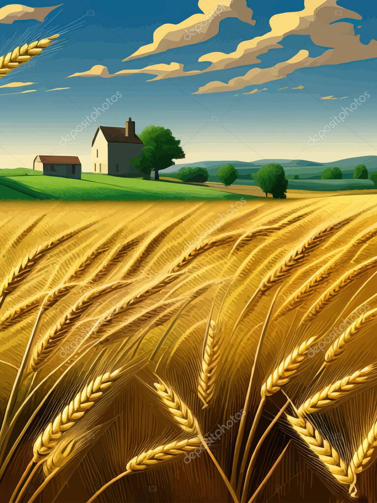 Large wheat thorns in field at a beautiful sunset of nature landscape in sun. Extended rich ...