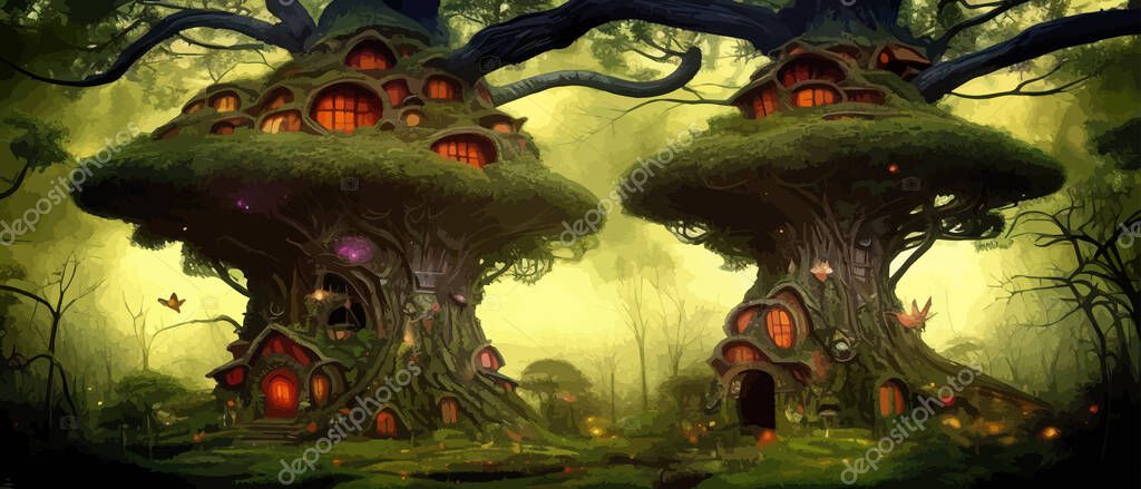 Fantásticas casas mágicas noche bosque, fabulosa vivienda en troncos de ...