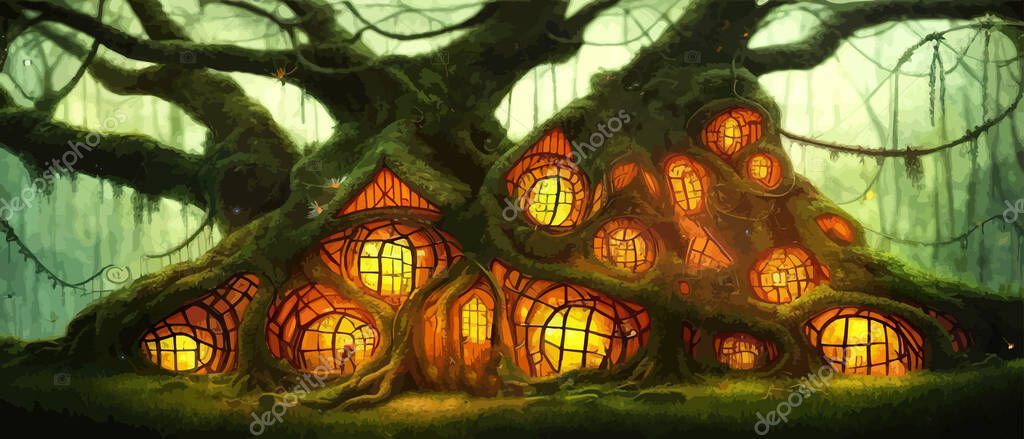 Fantásticas casas mágicas noche bosque, fabulosa vivienda en troncos de ...