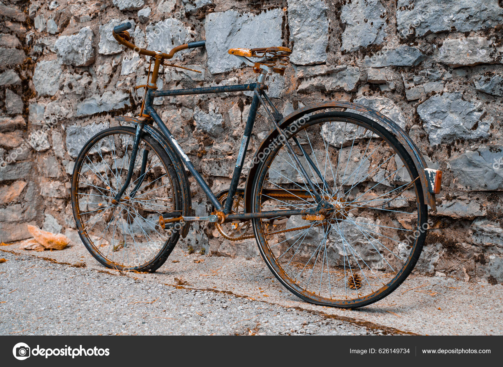 Old Rusty Two Wheeled Bicycle Stands Background Stone Wall Ancient ...