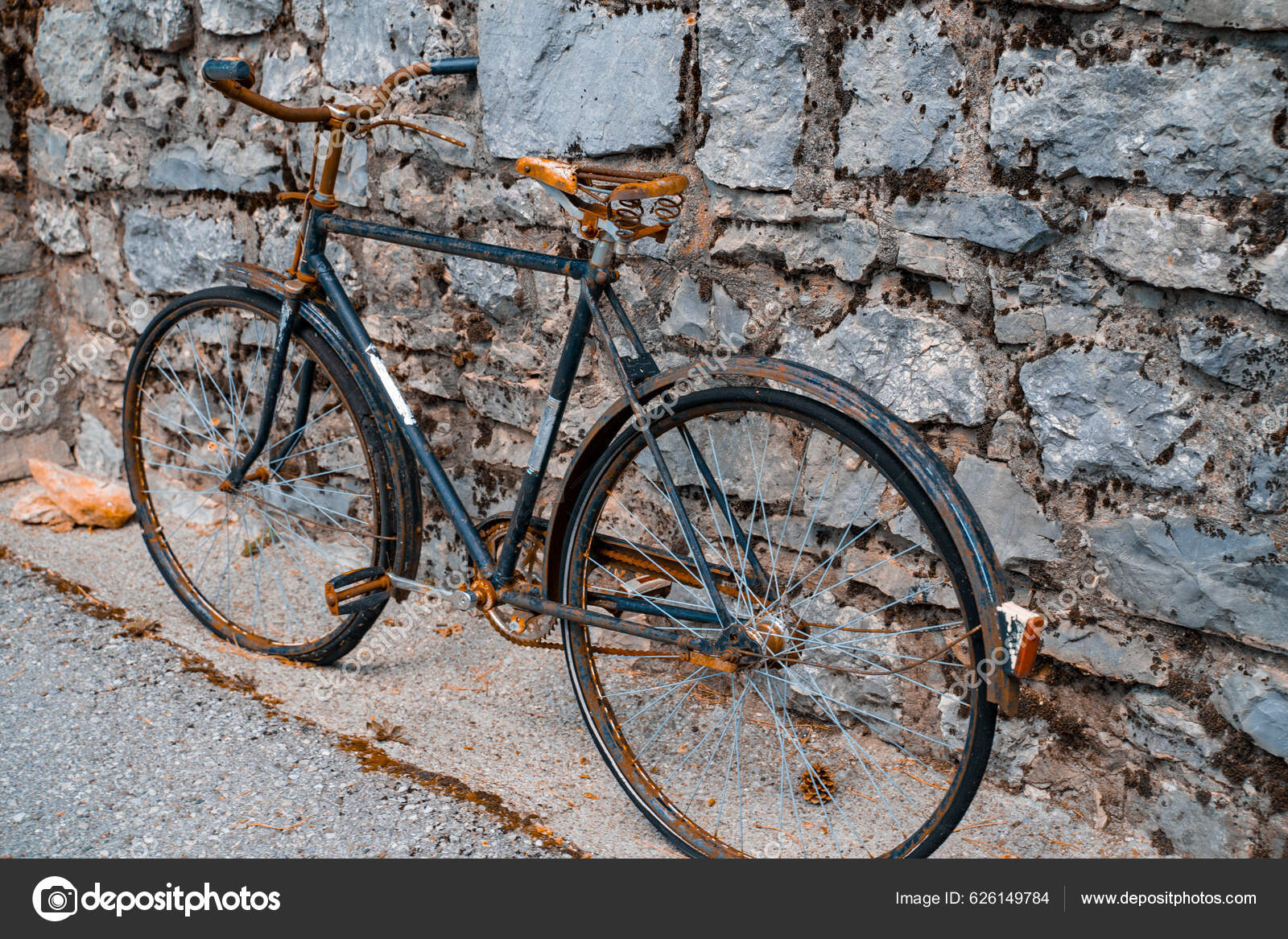 Old Rusty Two Wheeled Bicycle Stands Background Stone Wall Ancient ...