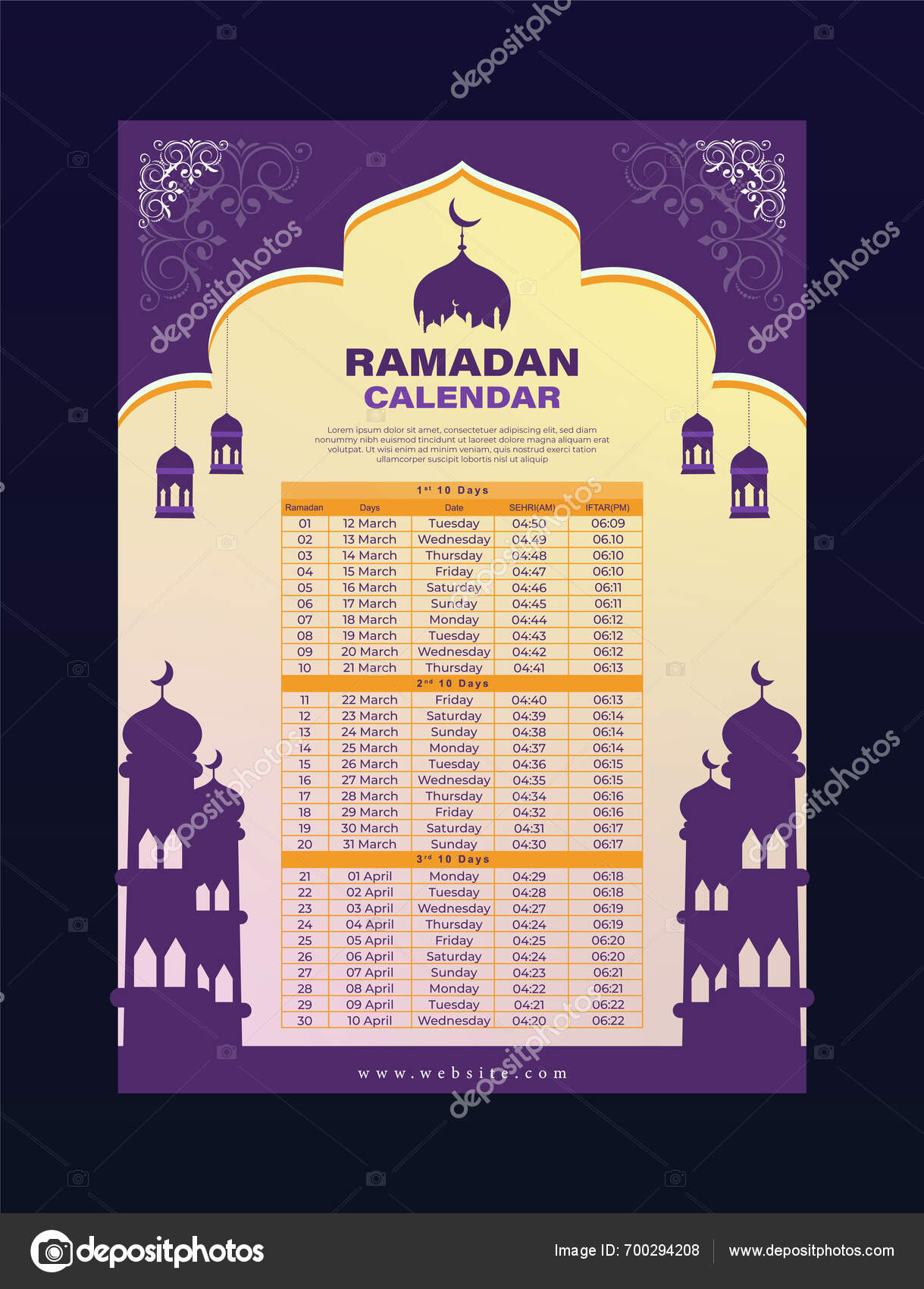 Ramadan Iftar Sehri Time Calendar Stock Vector by ©hanif247 700294208