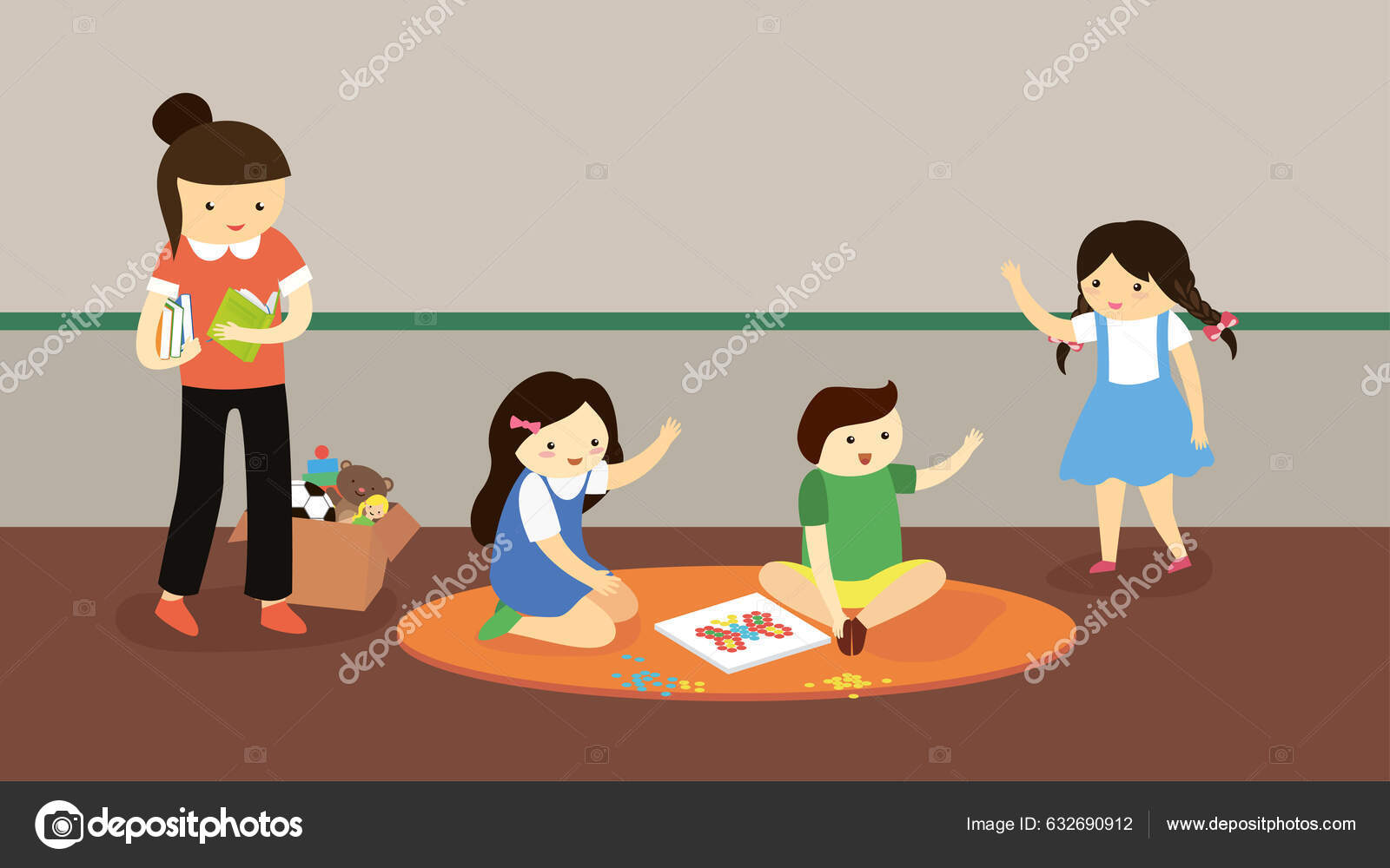 Children Playing School Classroom Cartoon Style Stock Illustration by ...
