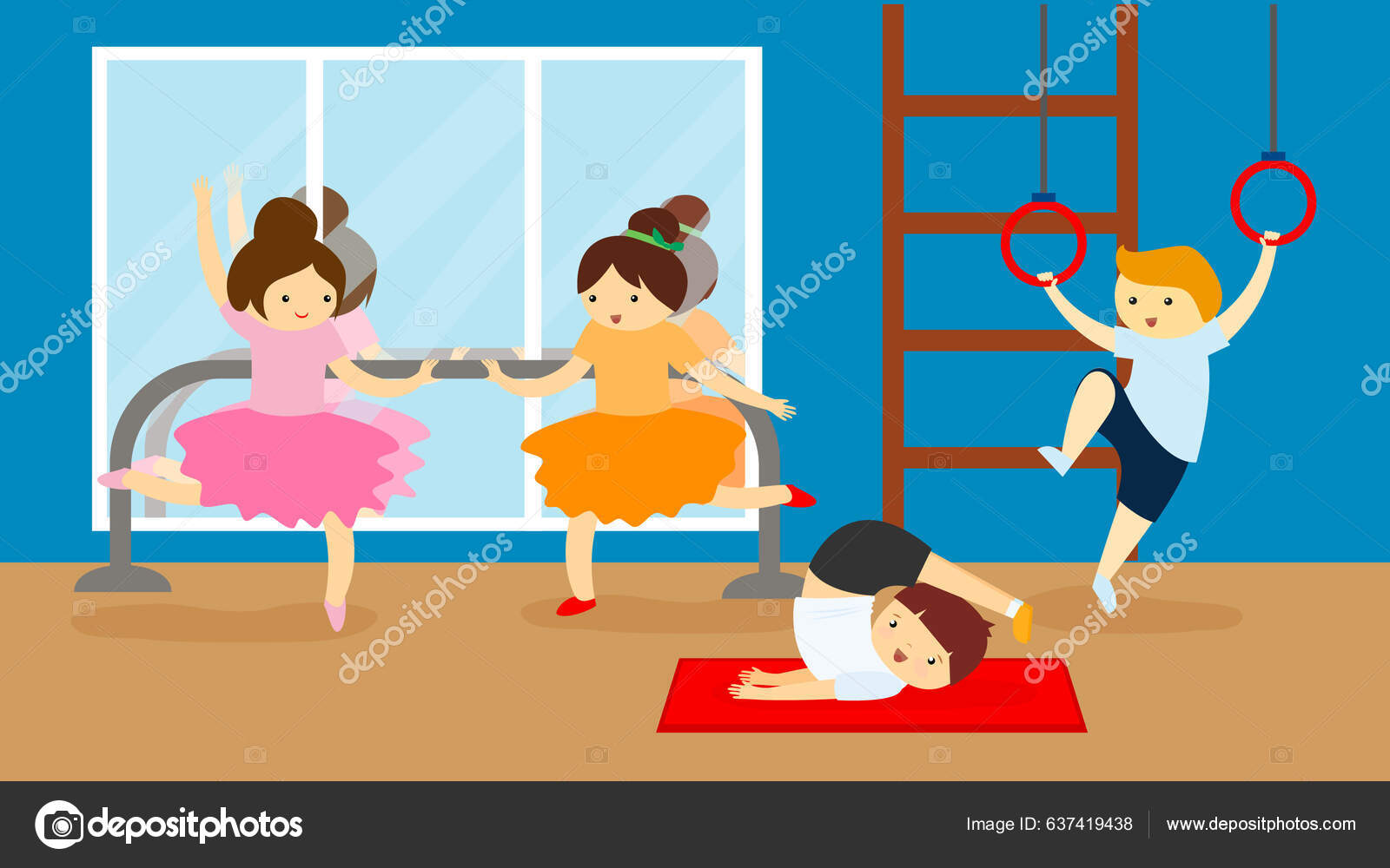 Children Doing Yoga Exercises Gym Vector Illustration图库矢量图作者：© ...