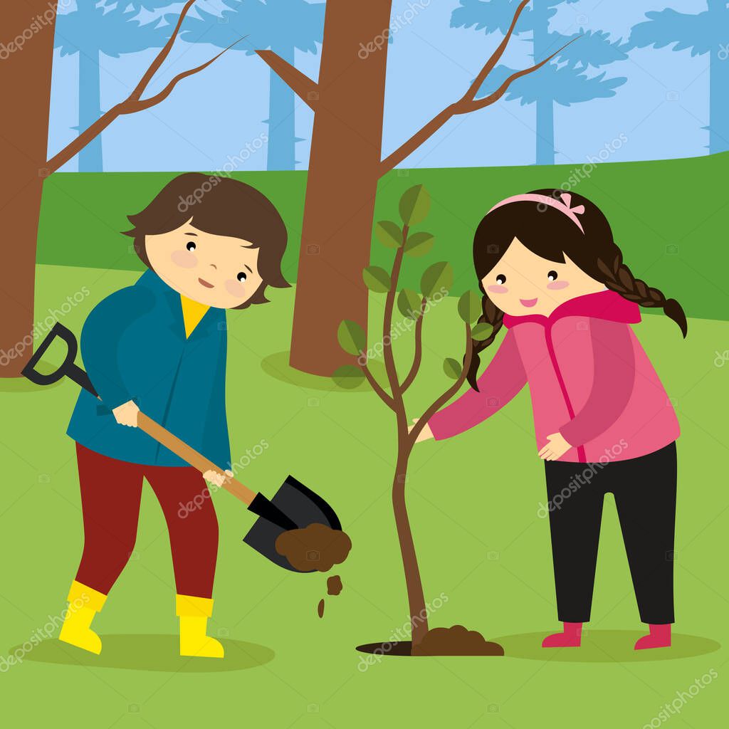 Dos Niñas Plantando Árbol Bosque Ilustración Diseño Gráfico Vector de ...
