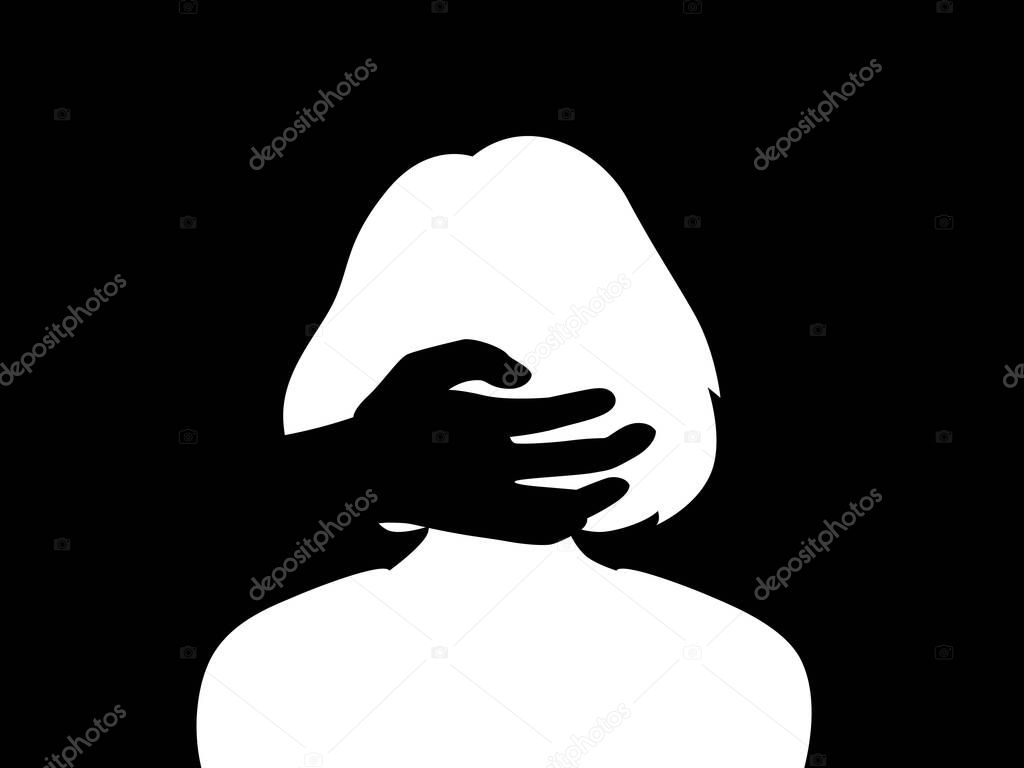 Concepto de violencia, acoso. Silueta de mujer cabeza y mano 2023