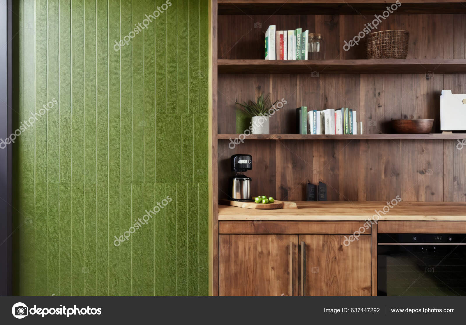 Green Wall Panelling Wooden Shelf Kitchen Room Stock Photo by ©tamal777 ...