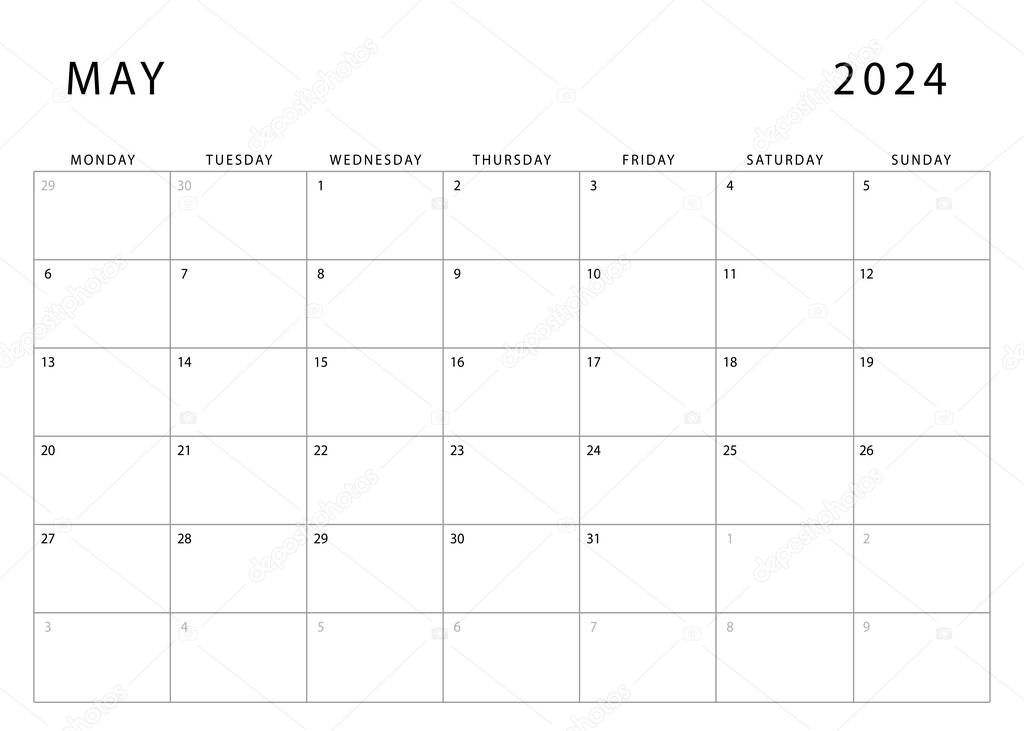 Calendario de mayo 2024. Lunes de inicio. Plantilla de planificador ...