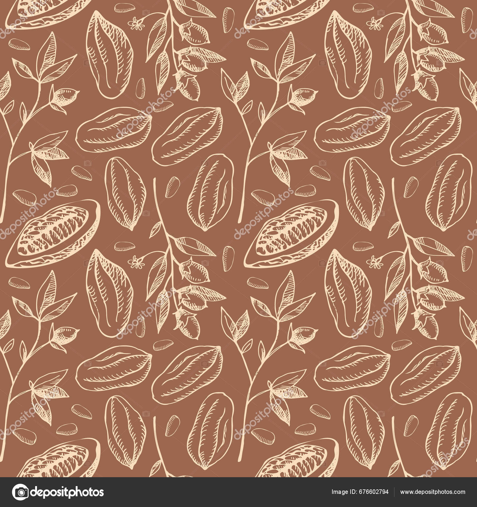 Cocoa Plant Seamless Pattern Hand Drawn Vector Illustration Cocoa Beans ...