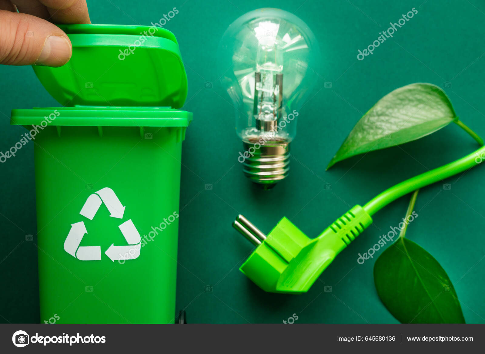 Recycling Bin Green Cable Glowing Light Bulb Environmental Concept ... Recycling Bin Green Cable Glowing Light Bulb Environmental Concept ...