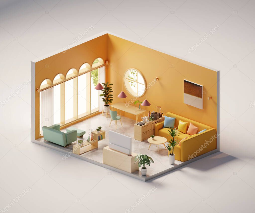 Isométrica vista sala de estar abierta dentro de la arquitectura ...