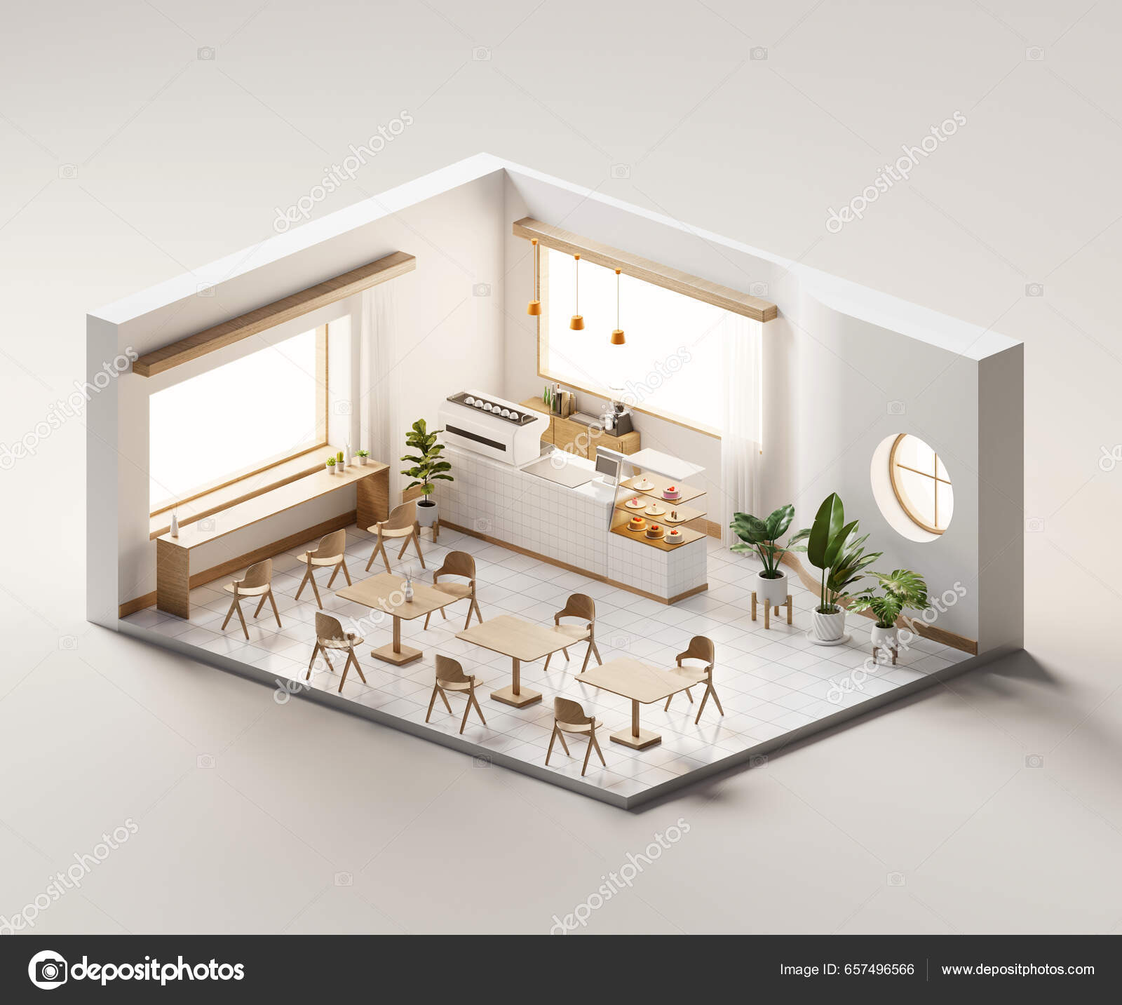 Isometric View Minimal Cafe Store Open Interior Architecture Rendering ...