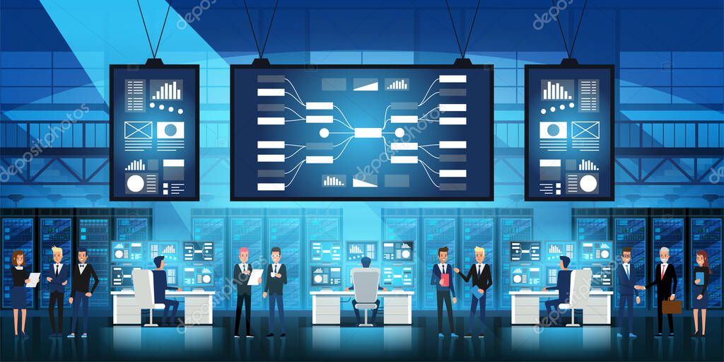 Ilustraci n vectorial de ingenieros de TI en el trabajo del centro de datos masivo en el ...