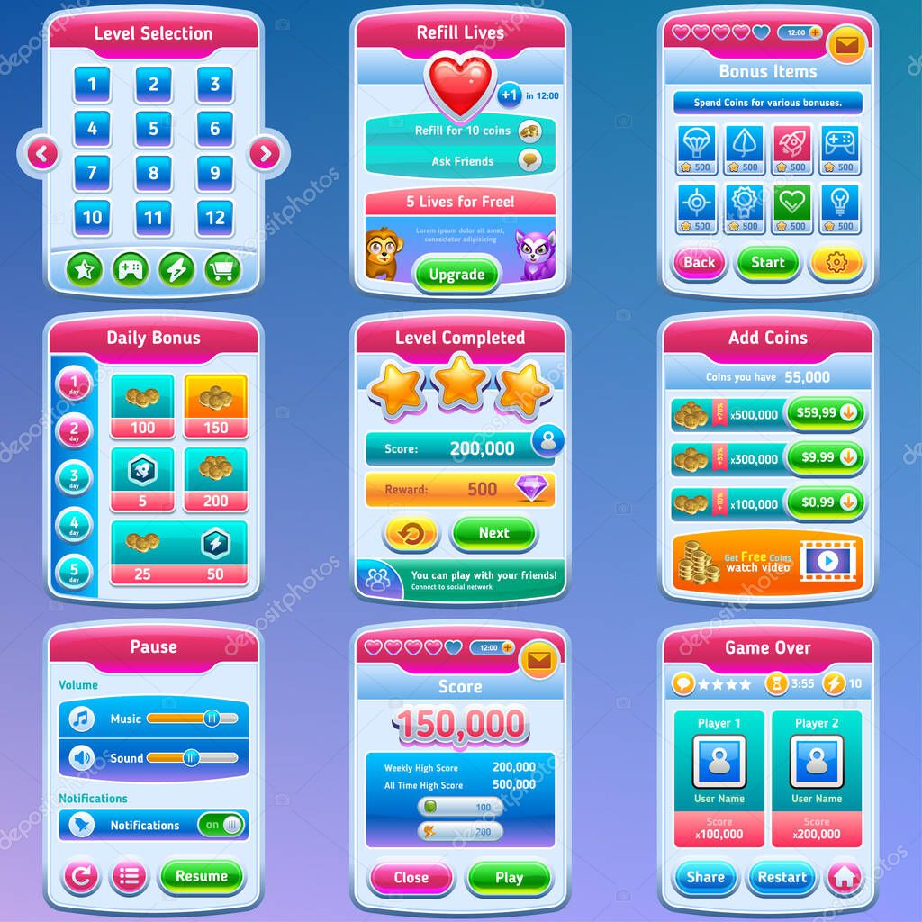 Interfaz de juego. Conjunto completo de interfaz gráfica de usuario ...