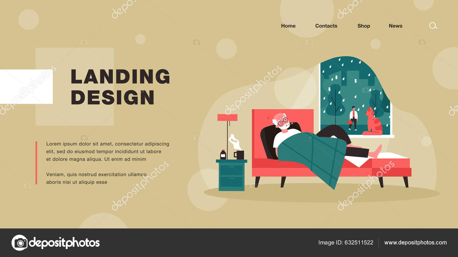 Orang Tua Kartun Dengan Demam Terbaring Tempat Tidur Ilustrasi Vektor ...