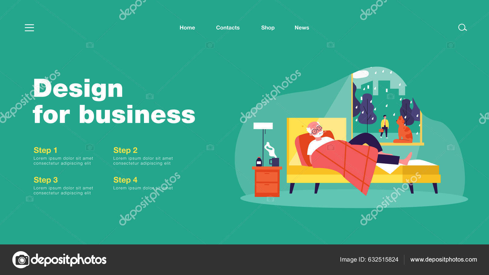 Orang Tua Kartun Dengan Demam Terbaring Tempat Tidur Ilustrasi Vektor ...