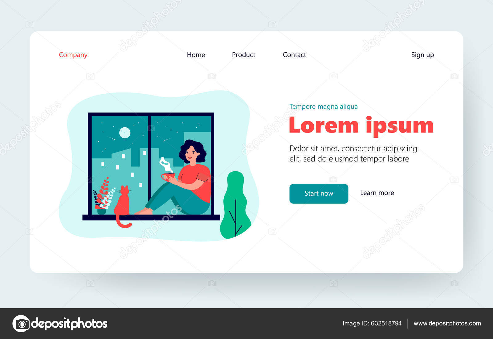 Happy Girl Sitting Window Cat Drinking Hot Beverage Woman Enjoying ...