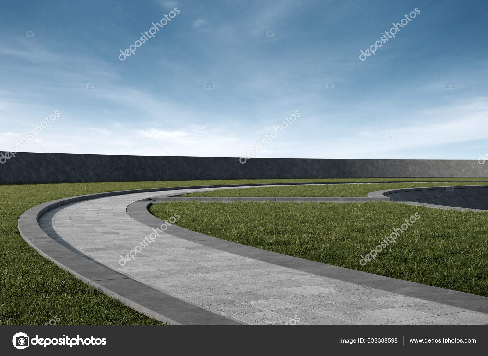 Empty Curved Concrete Walkway Grass Turf Rendering Abstract Space Blue ...
