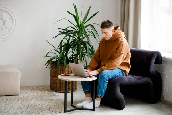 Full body fun young caucasian IT man he wear casual clothes pink ...