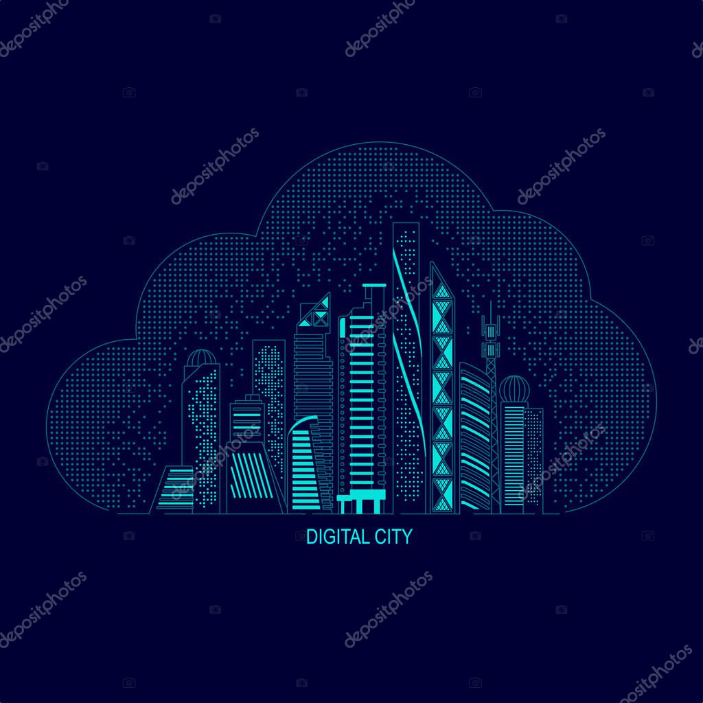 concepto de ciudad digital, forma de edificios con idea de cloud ...
