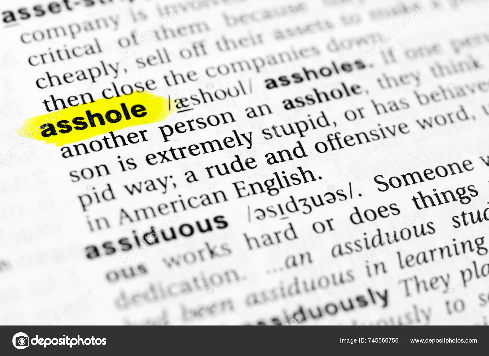 Highlighted English Word Asshole Its Definition Dictionary — Stock ...