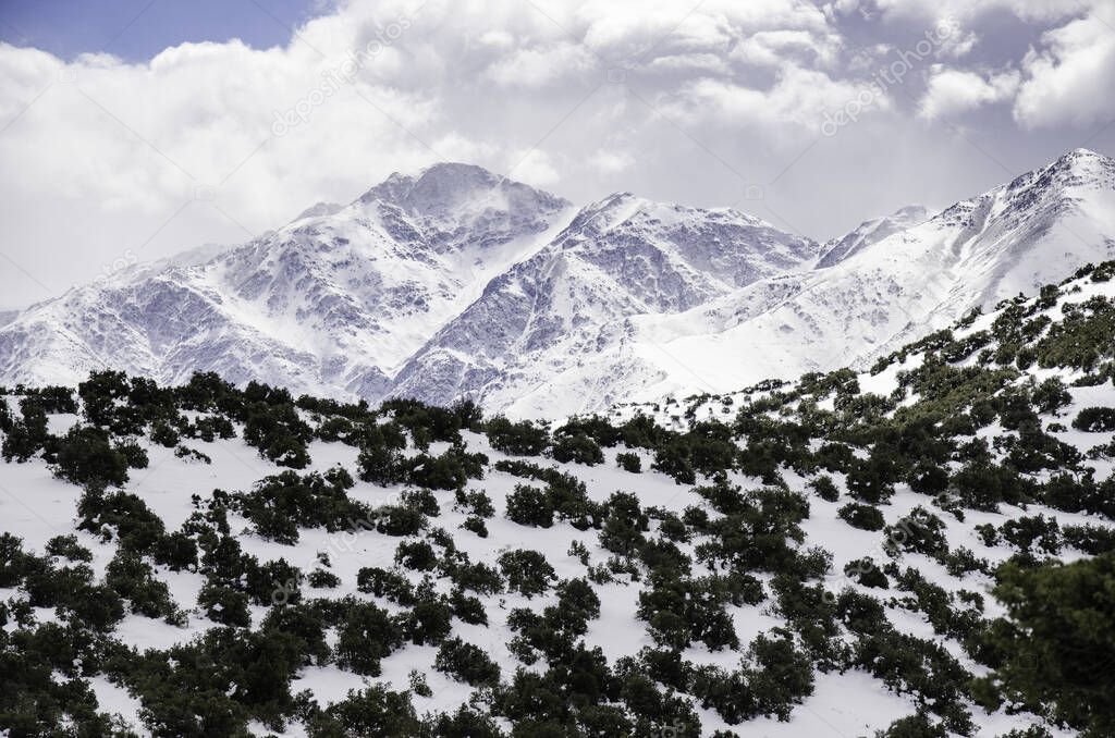 winter in high atlas mountain, Frozen nature, ice and snow, cold ...