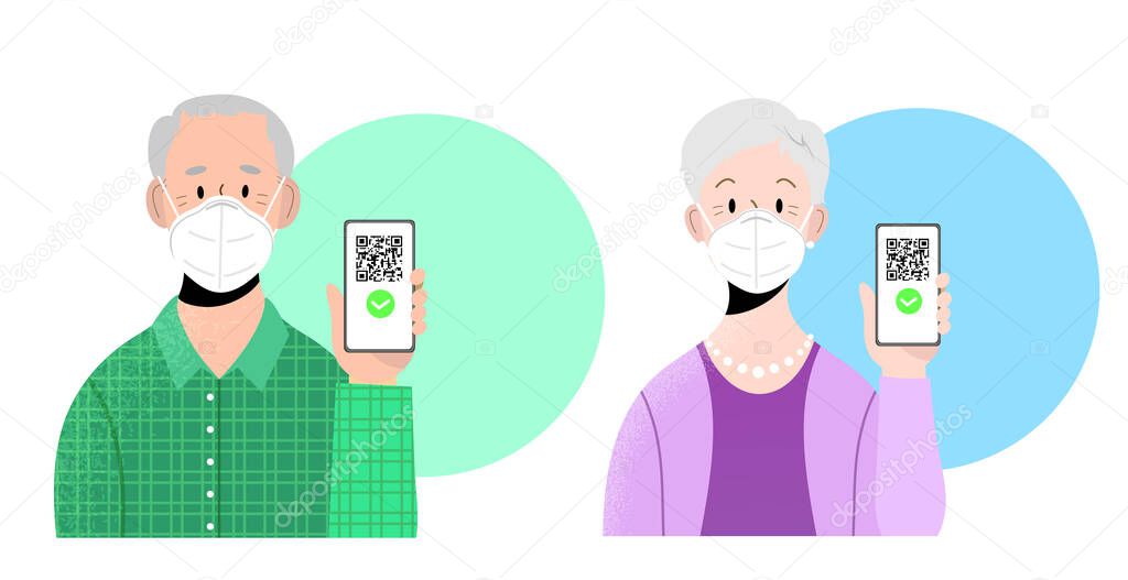 Old man and woman with ffp2 masks holding smartphone with QR code on ...