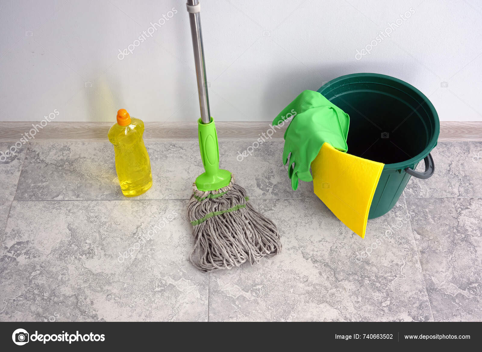 Top View Modern Mop Cloth Bucket Gloves Cleaning Products Cleaning ...