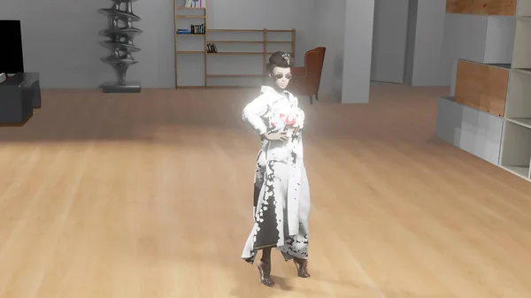 This is 3d fashion pose in a studio where female model with pink boots wears some nice white ...